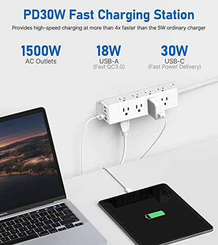 30W USB C Power Strip Surge Protector,Ultra Thin Flat Plug Power Strip 4 Side 12 Outlets,PD Fast Charing,2 USB-C, 2 USB-A(4 USB Total 40W),6ft Slim Extension Cord,16 in 1 Desk Power Bar,1200J White