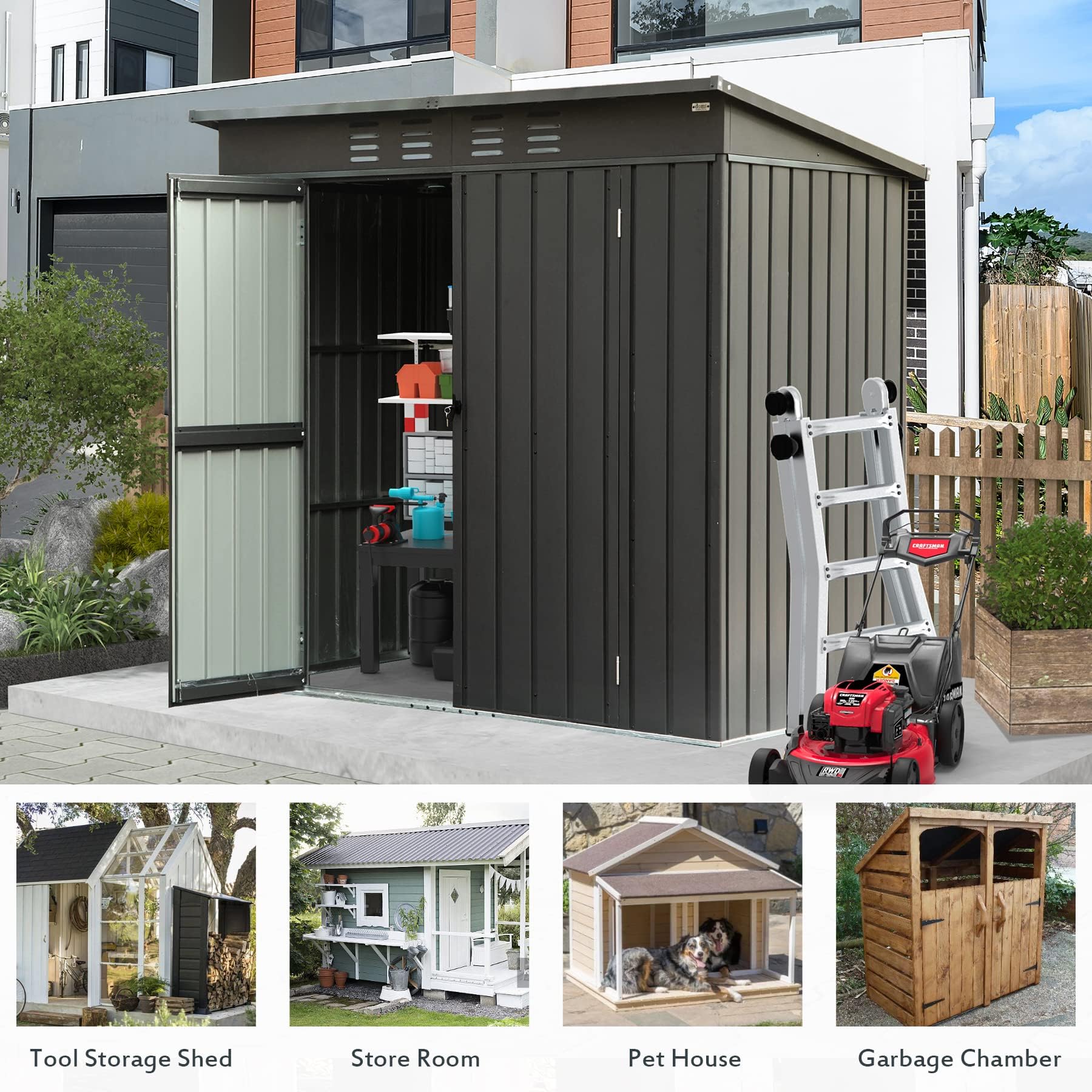 Domi Backyard Storage Shed 6.27' x 4.51' with Sloping Roof Galvanized Steel Frame Outdoor Garden Shed Metal Utility Tool Storage Room with Latches and Lockable Door for Balcony (Dark Gray)