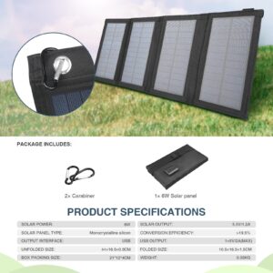 Portable Foldable Solar Panel 6W for Outdoor Charging USB Device Power Bank Earbuds Fans etc.(Not Very Suitable for Charging The Cellphone Directly)