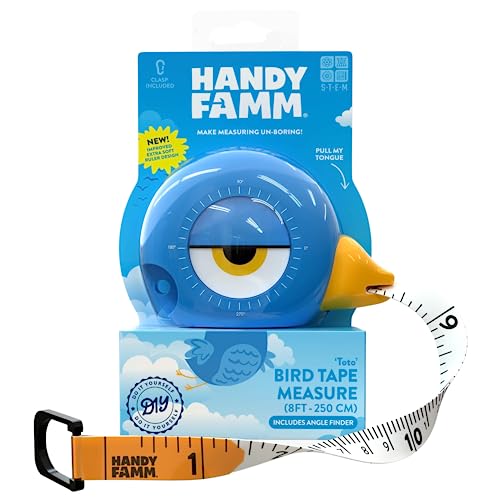 Handy Famm 8Ft Animal-Shaped Kids Tape Measure, Level & Protractor Angle Finder, Fun Educational Children's Tape Measure, Small Measuring Tape for Learning Early Math Skills, Ages 5+, Blue Bird