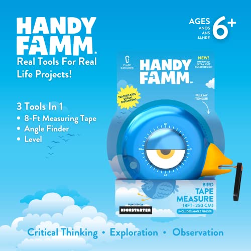 Handy Famm 8Ft Animal-Shaped Kids Tape Measure, Level & Protractor Angle Finder, Fun Educational Children's Tape Measure, Small Measuring Tape for Learning Early Math Skills, Ages 5+, Blue Bird