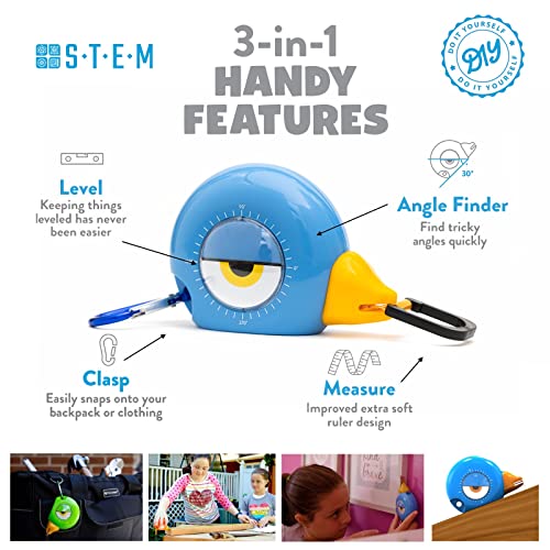 Handy Famm 8Ft Animal-Shaped Kids Tape Measure, Level & Protractor Angle Finder, Fun Educational Children's Tape Measure, Small Measuring Tape for Learning Early Math Skills, Ages 5+, Blue Bird