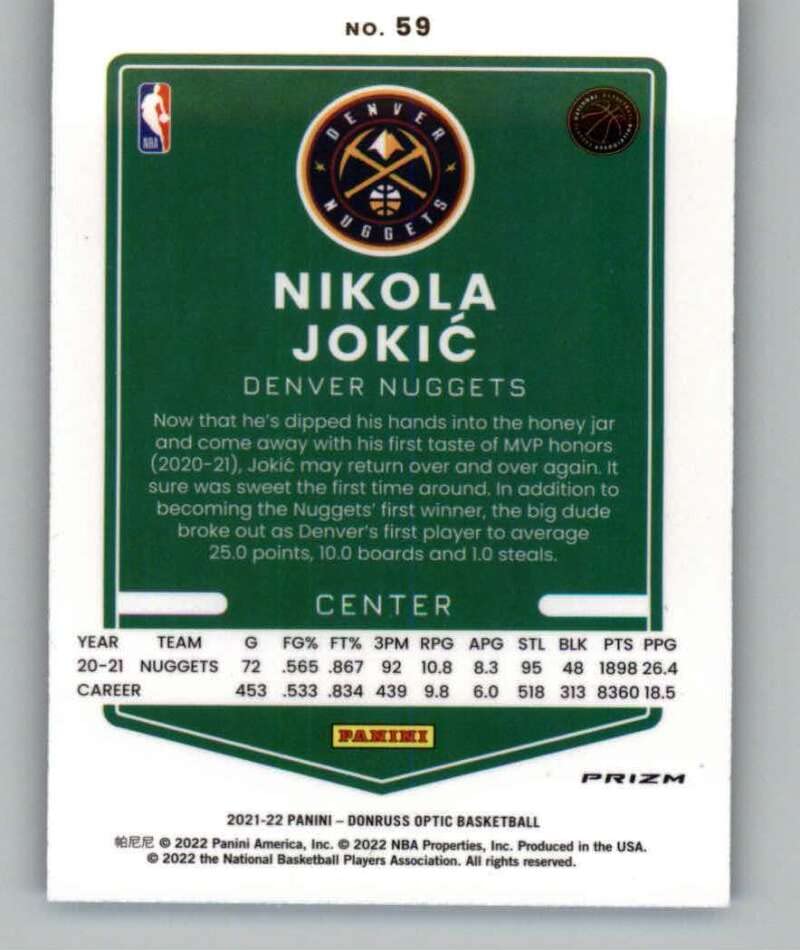 2021-22 Donruss Optic Blue Velocity #59 Nikola Jokic Denver Nuggets NBA Basketball Trading Card