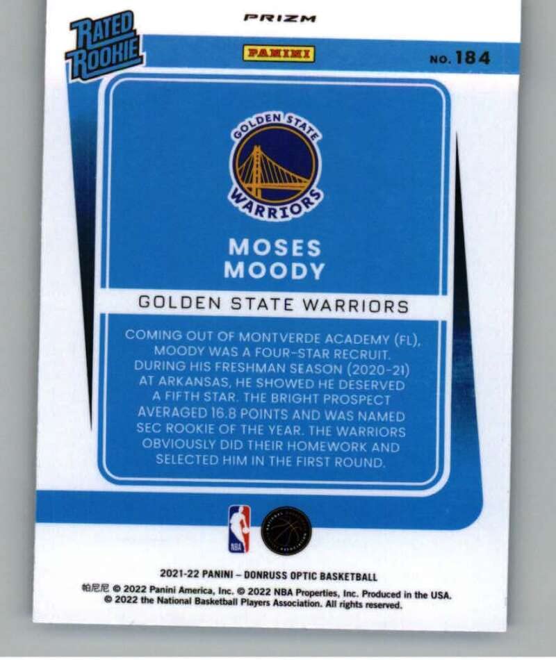 2021-22 Donruss Optic Blue Velocity #184 Moses Moody Rated Rookies RC Rookie Golden State Warriors NBA Basketball Trading Card