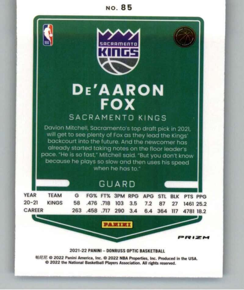 2021-22 Donruss Optic Blue Velocity #85 De'Aaron Fox Sacramento Kings NBA Basketball Trading Card