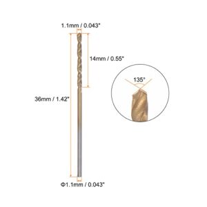 HARFINGTON 5pcs Twist Drill Bits 1.1mm Titanium Coated (HSS-E) M42 High Speed Steel 8% Cobalt Straight Shank for Stainless Steel Aluminum Alloy Metal