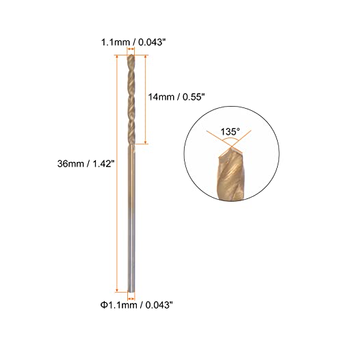 HARFINGTON 5pcs Twist Drill Bits 1.1mm Titanium Coated (HSS-E) M42 High Speed Steel 8% Cobalt Straight Shank for Stainless Steel Aluminum Alloy Metal