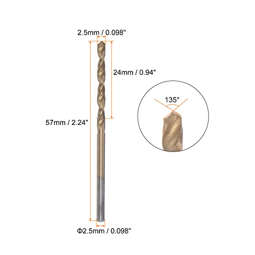 HARFINGTON 3pcs Twist Drill Bits 2.5mm Titanium Coated (HSS-E) M42 High Speed Steel 8% Cobalt Straight Shank for Stainless Steel Aluminum Alloy Metal