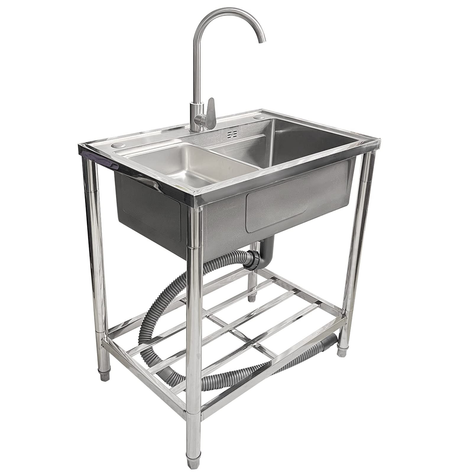 Outdoor Sink Single Bowl Free Standing Stainless Steel Sink Set with Faucet Drain Basket, Shelf, Kitchen Utility Sink for Restaurant, Bar, Laundry, Garage, Backyard, Camping 28.3"×19.3"×31.5"