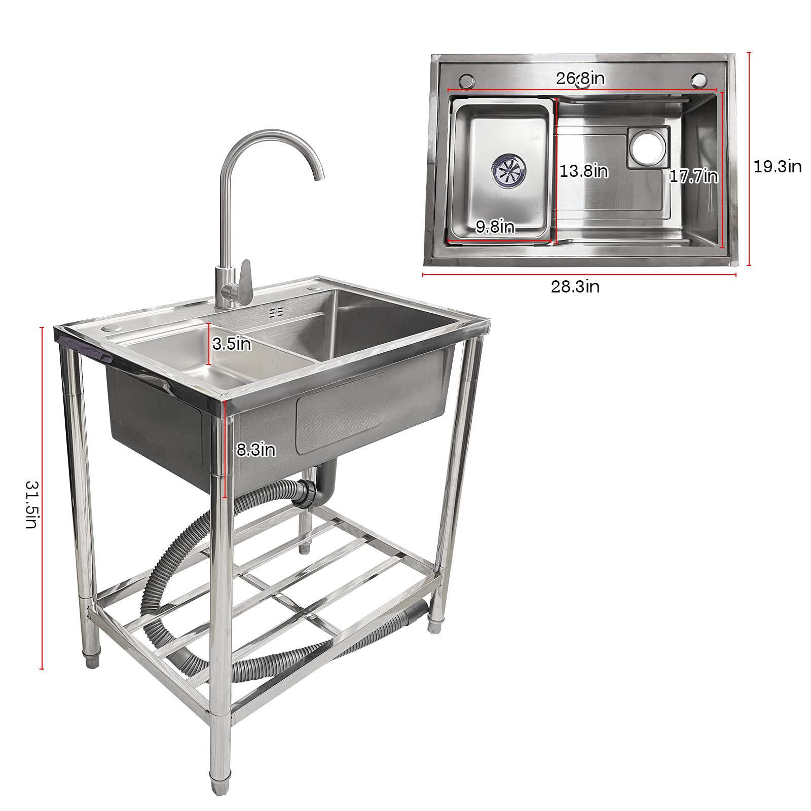 Outdoor Sink Single Bowl Free Standing Stainless Steel Sink Set with Faucet Drain Basket, Shelf, Kitchen Utility Sink for Restaurant, Bar, Laundry, Garage, Backyard, Camping 28.3"×19.3"×31.5"