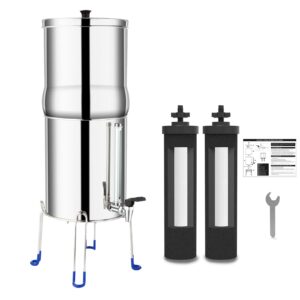 gravity-fed water filter system 2.25 gallon, stainless steel water purifier system with 2 water filter, sight glass spigot and stand, refreshing water at home, camping, emergencies