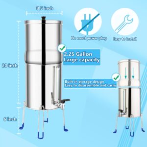 Gravity-fed Water Filter System 2.25 Gallon, Stainless Steel Water Purifier System with 2 Water Filter, Sight Glass Spigot and Stand, Refreshing Water at Home, Camping, Emergencies