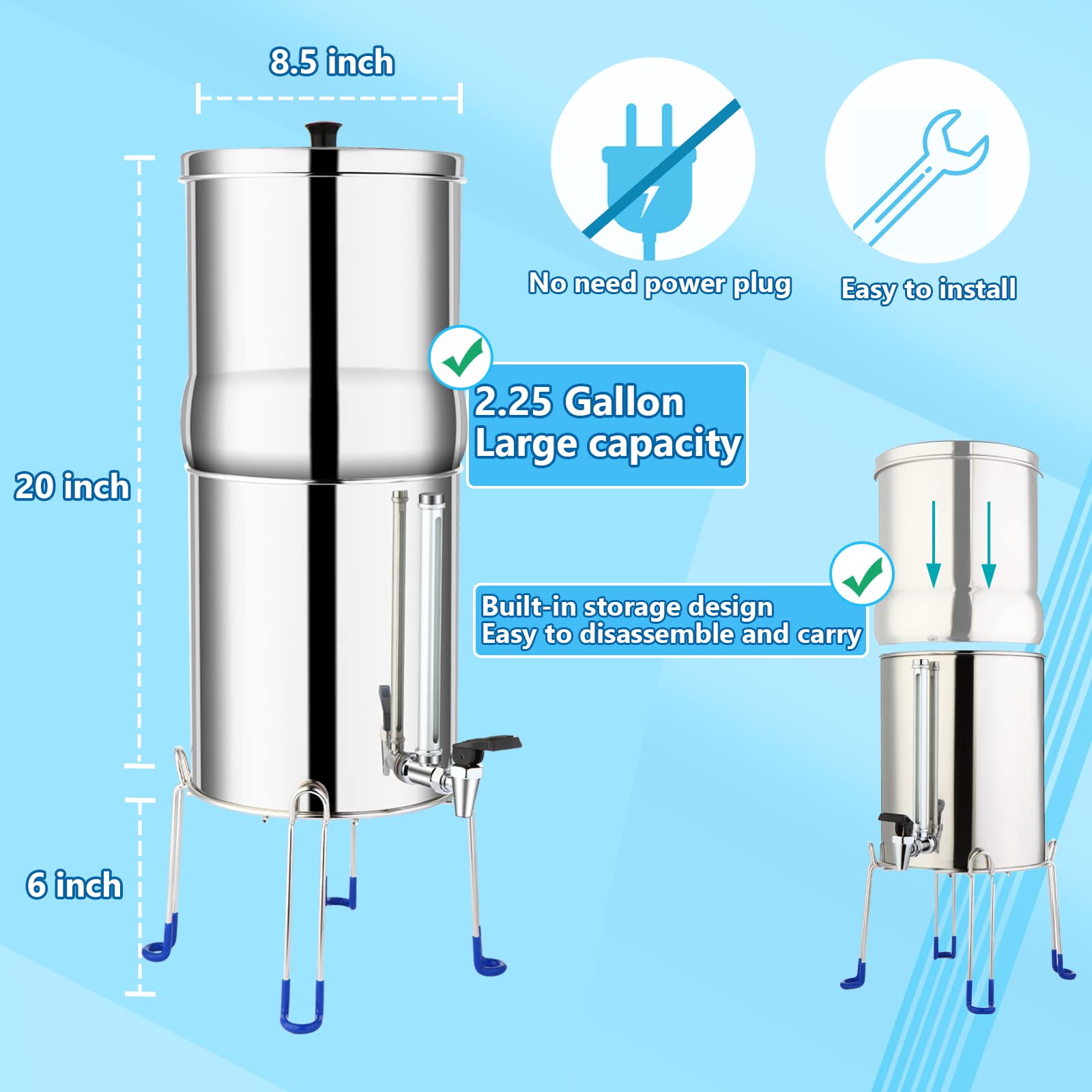 Gravity-fed Water Filter System 2.25 Gallon, Stainless Steel Water Purifier System with 2 Water Filter, Sight Glass Spigot and Stand, Refreshing Water at Home, Camping, Emergencies