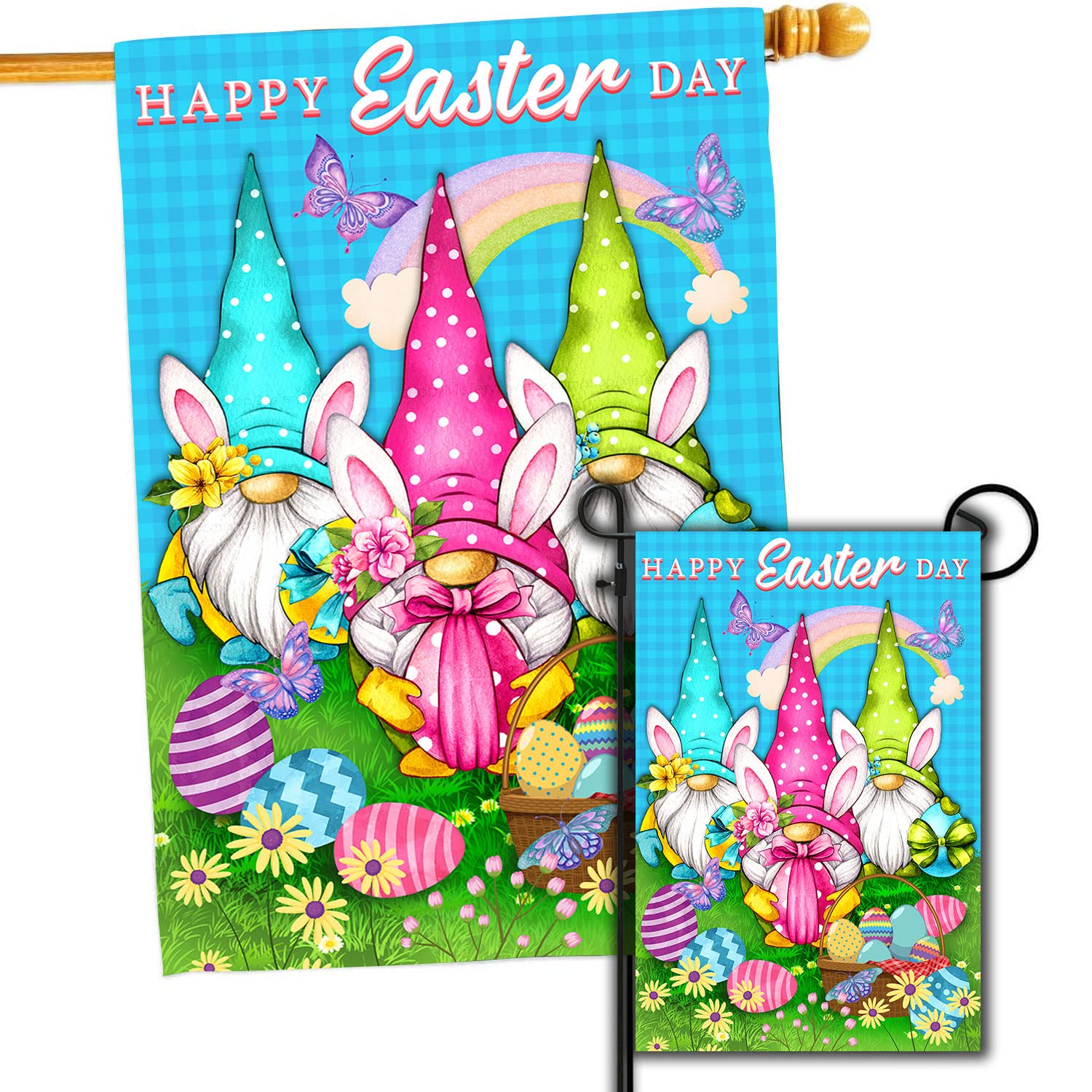 Q-Leo Easter Flag, Set 2 House Flag 28 X 40 And Garden Flag 12 x 18 Double Side, Small Garden Flags Decorations For Outside, Yard Outdoor Decor With 3 Gnones and Happy Easter day Signs