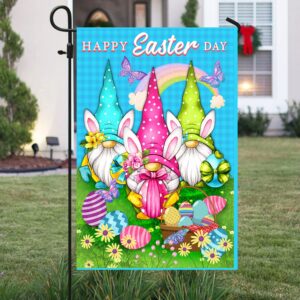 Q-Leo Easter Flag, Set 2 House Flag 28 X 40 And Garden Flag 12 x 18 Double Side, Small Garden Flags Decorations For Outside, Yard Outdoor Decor With 3 Gnones and Happy Easter day Signs