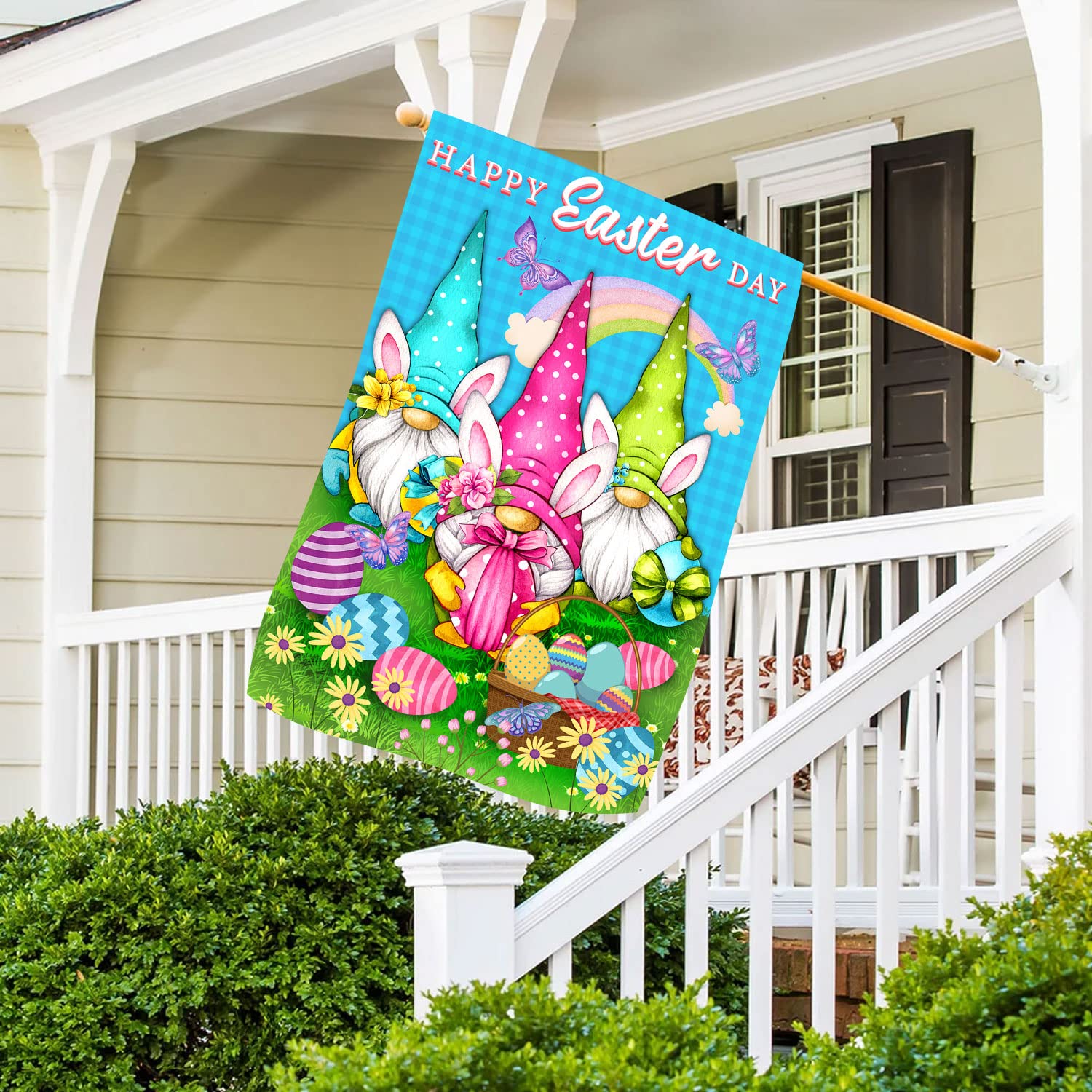 Q-Leo Easter Flag, Set 2 House Flag 28 X 40 And Garden Flag 12 x 18 Double Side, Small Garden Flags Decorations For Outside, Yard Outdoor Decor With 3 Gnones and Happy Easter day Signs