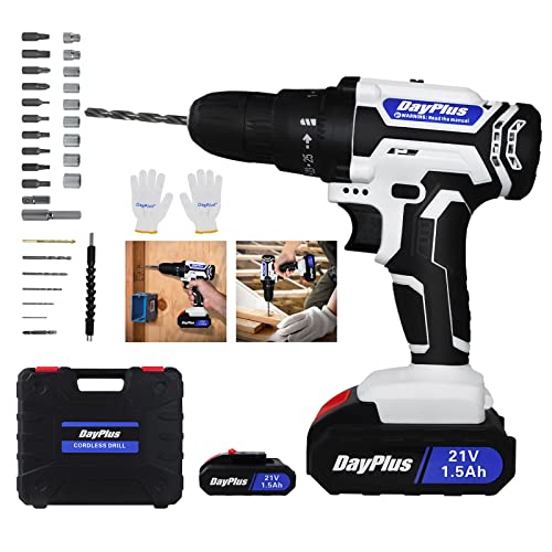 Power Drill Set, 21V Max Cordless Drill, 3/8'' Keyless Chuck, Electric Driver with 1.5Ah Lithium Ion Battery and Charger, 2 Variable Speed, 25+1 Torque Setting, 29 Pieces Drill/Driver Accessories Kit