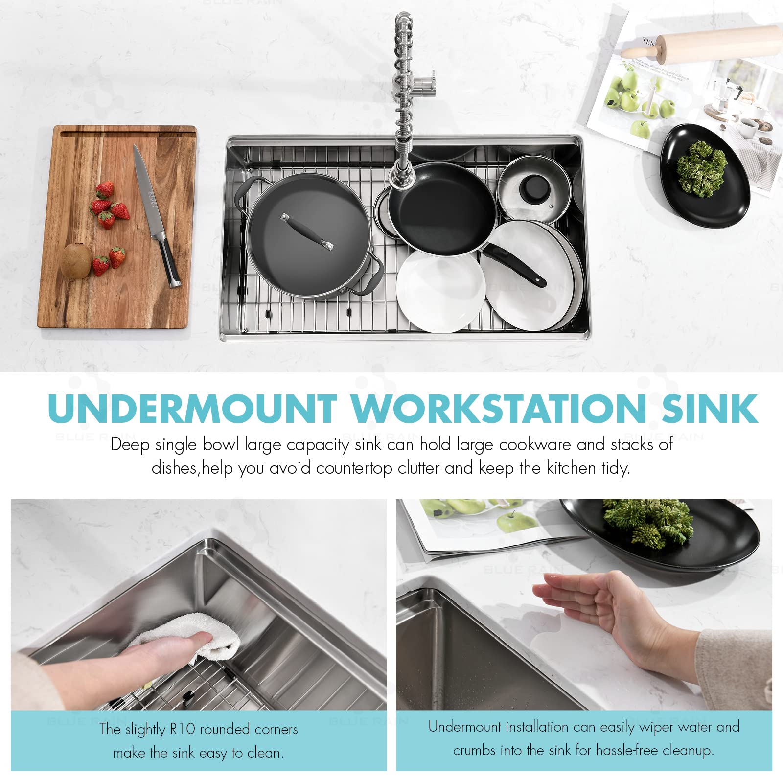 ATTOP 32 Inch Undermount Workstation Kitchen Sink,Stainless Steel Undermount Kitchen Sink Single Bowl workstation Ledge Sink