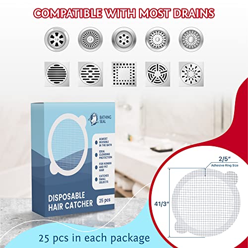 Disposable Drain Hair Catcher Stickers for Shower, White Mesh Stickers 4.3'', 25 PCS, Sticky Covers, Shower Drain Protector, Anti-Blockage