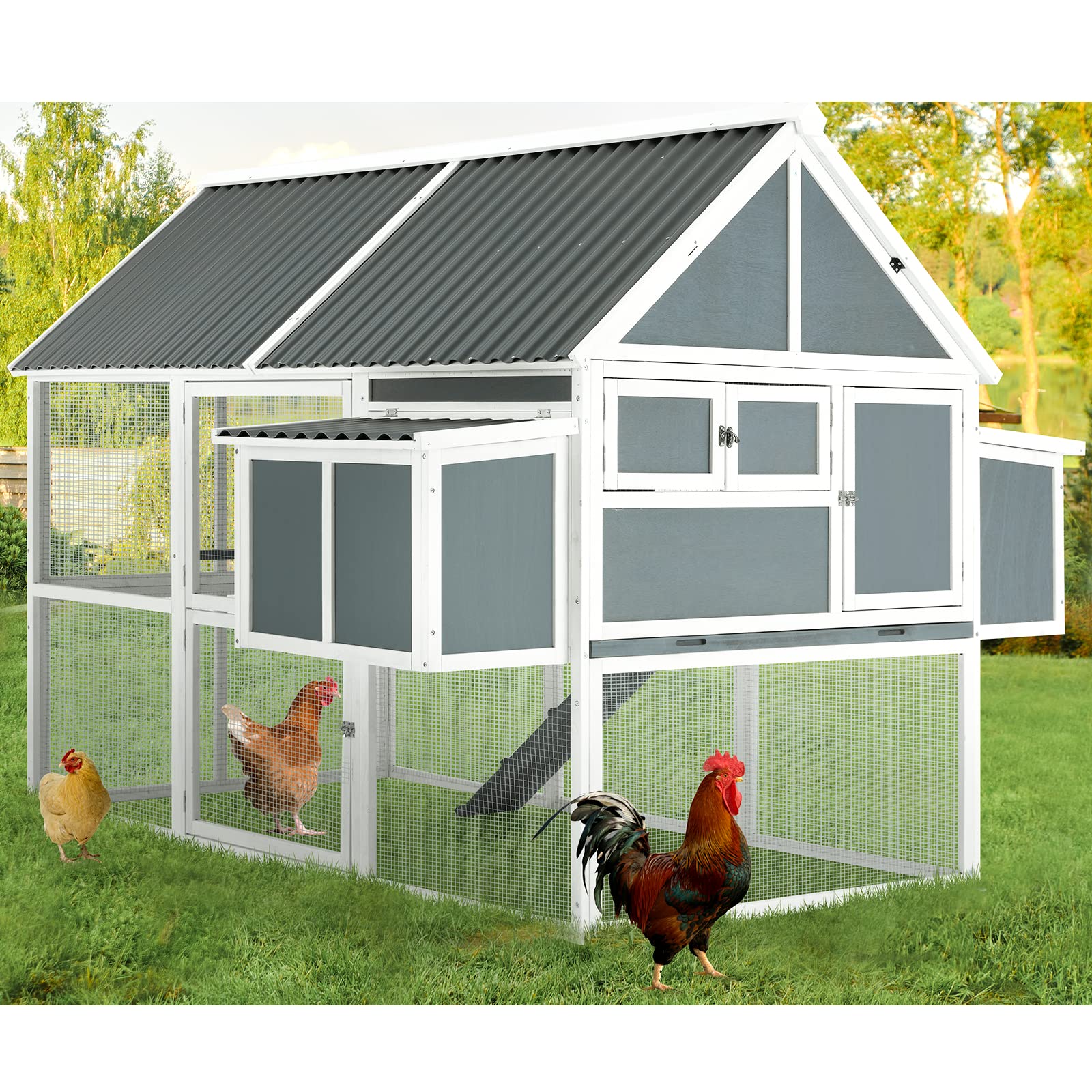 AECOJOY 84” Large Chicken Coop, Outdoor Wooden Hen House Poultry Cage for 8-10 Chickens Walk in Chicken House with Run