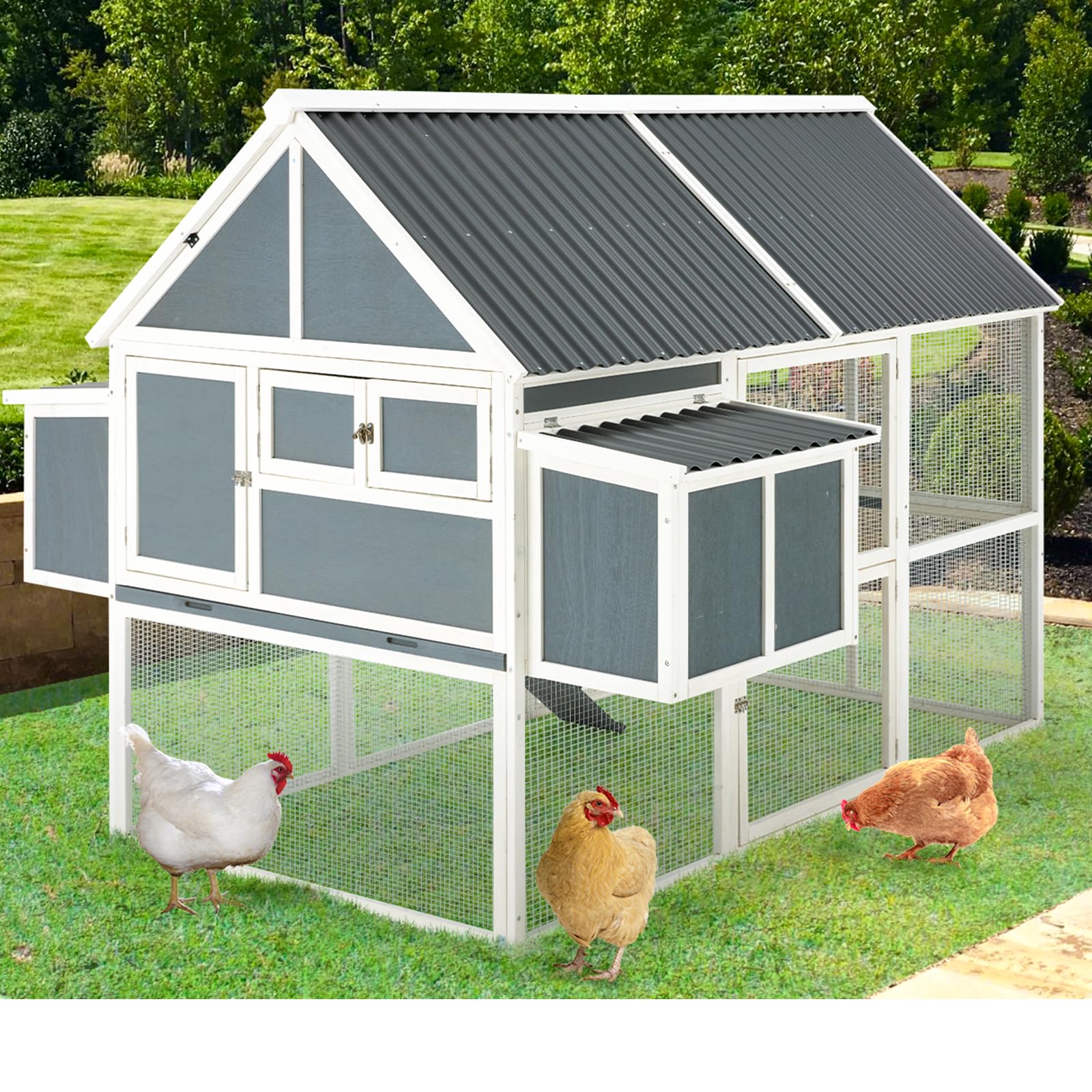 AECOJOY 84” Large Chicken Coop, Outdoor Wooden Hen House Poultry Cage for 8-10 Chickens Walk in Chicken House with Run