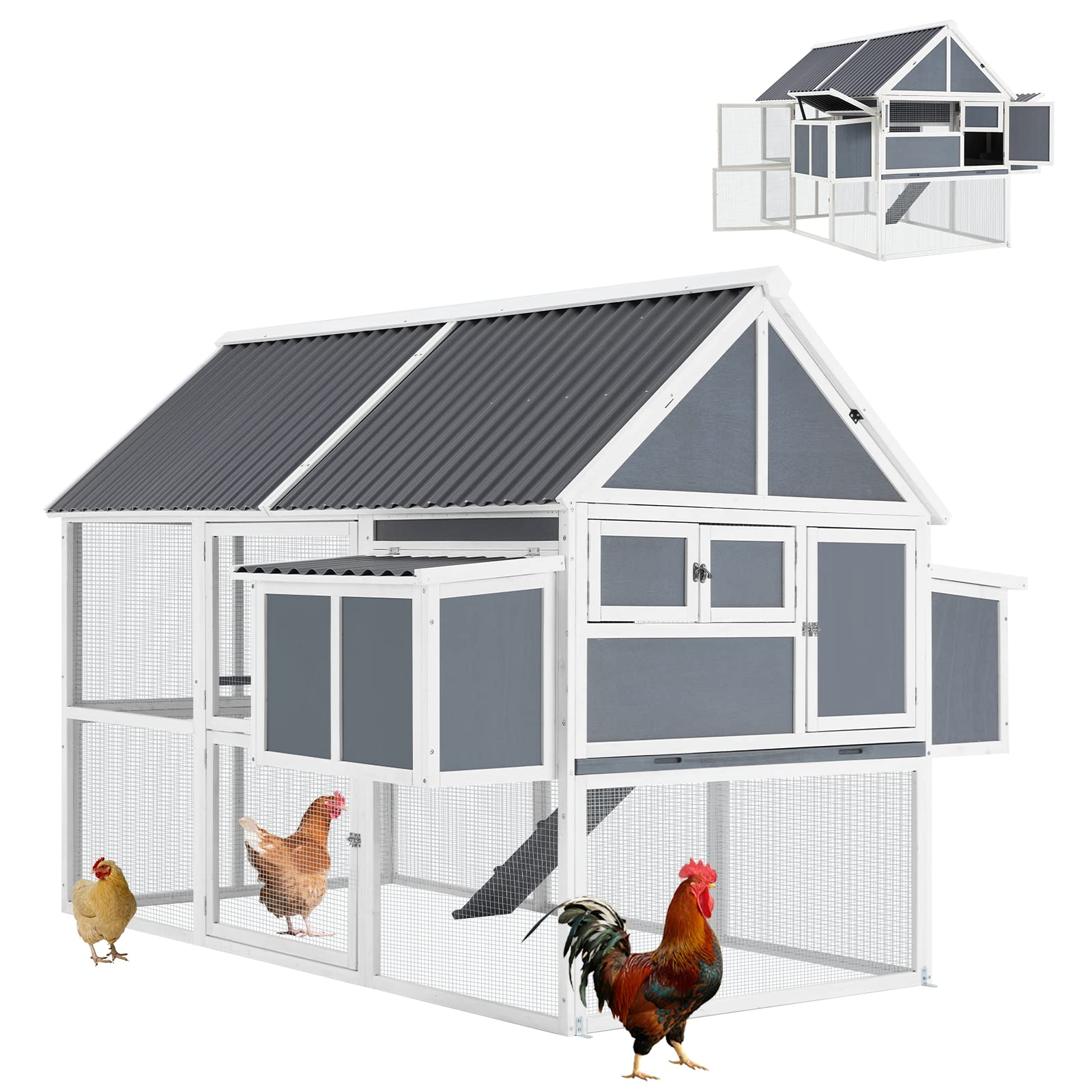 AECOJOY 84” Large Chicken Coop, Outdoor Wooden Hen House Poultry Cage for 8-10 Chickens Walk in Chicken House with Run