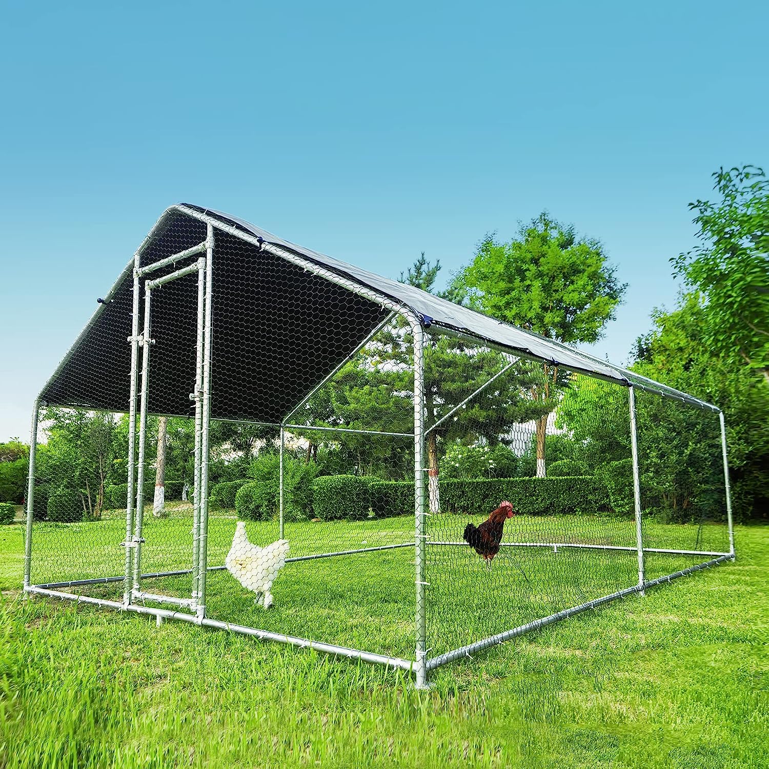 HITTITE 1.26" Tube Chicken Coop Run Large Metal Chicken Coop, Outdoor Walk in Chicken Coop Cage, Heavy Duty Spire Shaped Duck Chicken Hen House Outdoor Chicken Pen with Waterproof & Anti-UV Cover