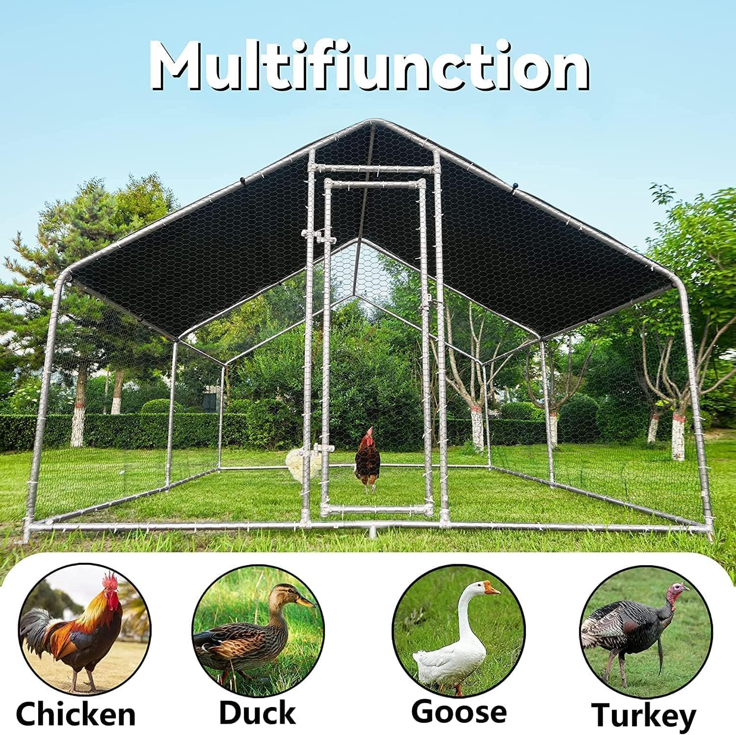 HITTITE 1.26" Tube Chicken Coop Run Large Metal Chicken Coop, Outdoor Walk in Chicken Coop Cage, Heavy Duty Spire Shaped Duck Chicken Hen House Outdoor Chicken Pen with Waterproof & Anti-UV Cover