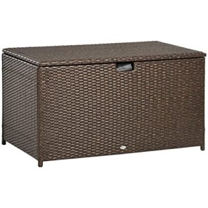 outsunny outdoor deck box, pe rattan wicker with liner, hydraulic lift, and a handle for indoor, outdoor, patio furniture cushions, pool, toys, garden tools, brown