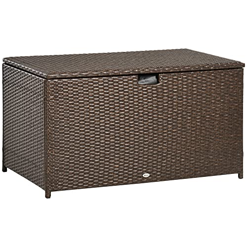 Outsunny Outdoor Deck Box, PE Rattan Wicker with Liner, Hydraulic Lift, and A Handle for Indoor, Outdoor, Patio Furniture Cushions, Pool, Toys, Garden Tools, Brown