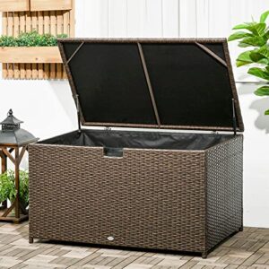 Outsunny Outdoor Deck Box, PE Rattan Wicker with Liner, Hydraulic Lift, and A Handle for Indoor, Outdoor, Patio Furniture Cushions, Pool, Toys, Garden Tools, Brown