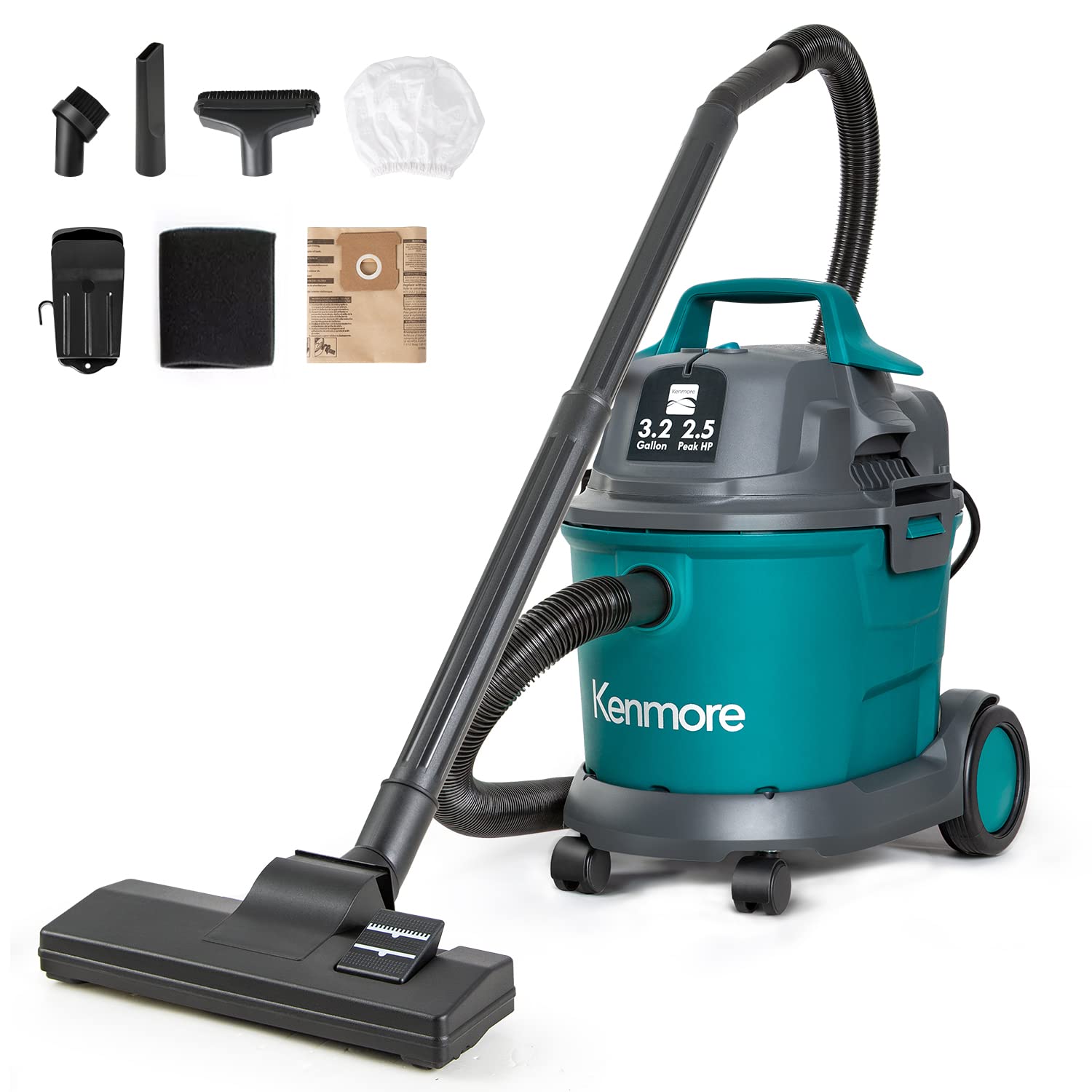 Kenmore KW3030 Wet Dry Canister 3.2 Gallon 2.5 Peak HP Shop Vacuum Cleaner with Extension Wands Tool Storage & Wall Bracket for Garage, Car, Home & Workshop, Green