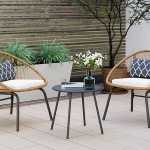 LAUSAINT HOME 3 Piece Patio Conversation Bistro Set, All-Weather Outdoor Wicker Furniture with 2 Wide Chairs and Coffee Table Perfect for Porch, Backyard, Balcony (Linear Weave Design)