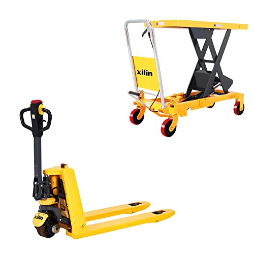 Xilin Electric Powered Pallet Jack 3300lbs Lithium Battery Walkie Truck 48"x27" Fork Size and Platform Manual Hydraulic Lift Table Cart Single Scissor 39.4" Lifting Height 1760lbs