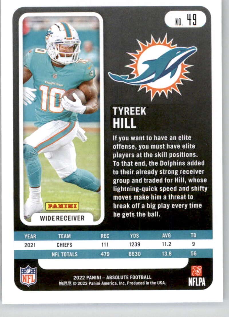 2022 Panini Absolute #49 Tyreek Hill NM-MT Miami Dolphins Football Trading Card NFL