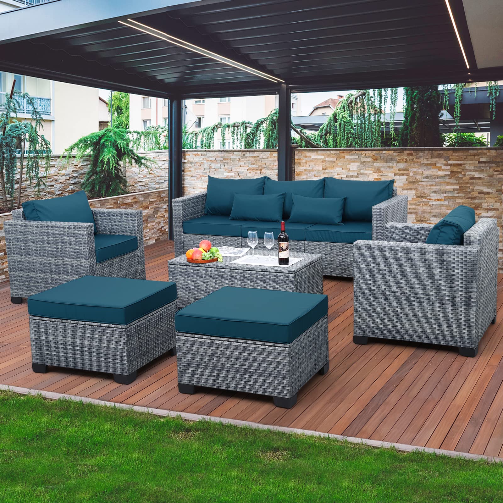 Lviden 6 Pieces Wicker Patio Furniture Sets Outdoor Conversation Set PE Rattan Sectional Sofa Couch with Storage Table and Peacock Blue Cushions