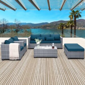 Lviden 6 Pieces Wicker Patio Furniture Sets Outdoor Conversation Set PE Rattan Sectional Sofa Couch with Storage Table and Peacock Blue Cushions