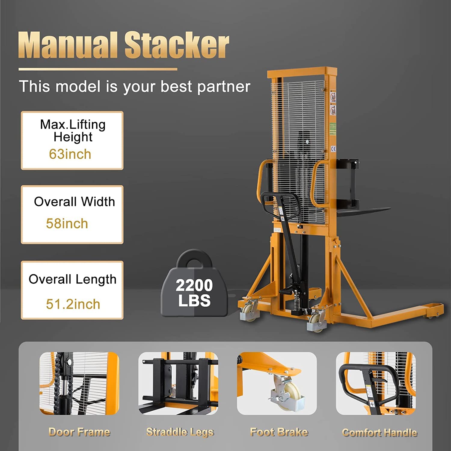 Aequanta Manual Pallet Stacker 2200lbs Capacity 63" Lifting Height with Cross Legs and Manual Pallet Jack 48" Lx21'' W Forks 5500lbs Capacity