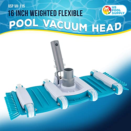 U.S. Pool Supply Professional 16" Weighted Flexible Swimming Pool Vacuum Head with Side Brushes, Swivel Hose Connection, EZ Clip Handle - Heavy Duty, Clean Floor Debris, Connect 1-1/4" or 1-1/2" Hose