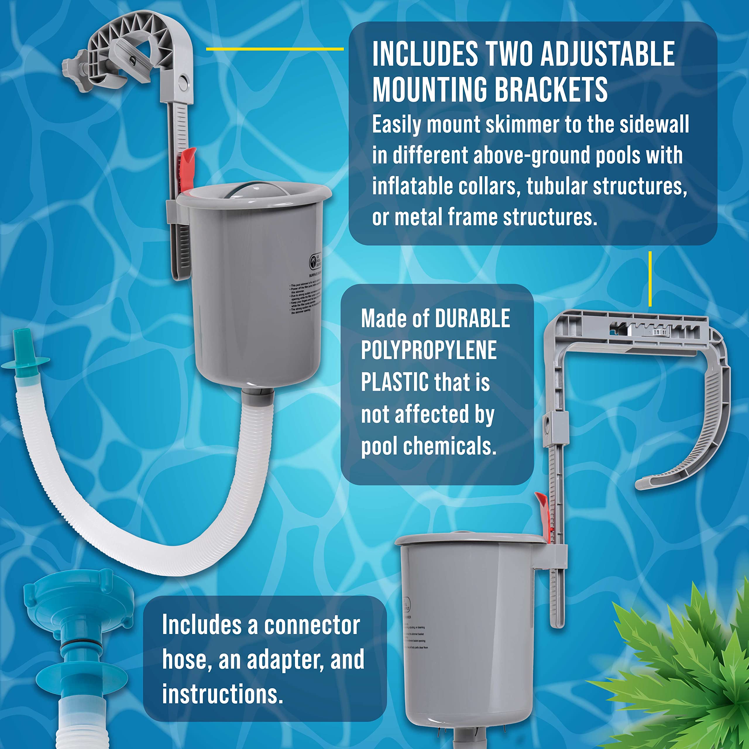 U.S. Pool Supply Premium Above Ground Pool Surface Skimmer, Wall Mount - Cleans Automatically, Attach to Inflatable Collars, Tubular & Metal Frame Pool Structures, Skim Debris Pool Maintenance Cleaner