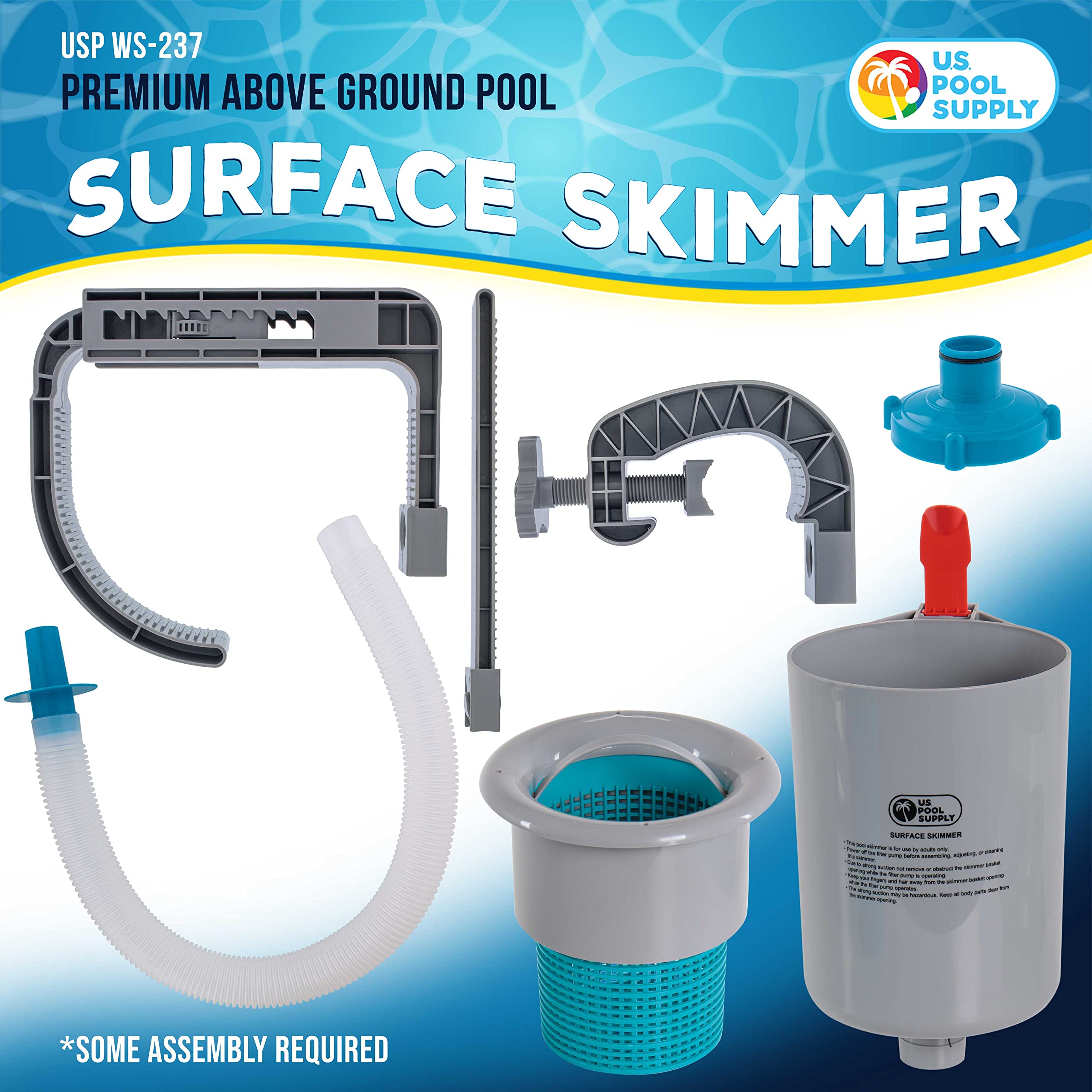 U.S. Pool Supply Premium Above Ground Pool Surface Skimmer, Wall Mount - Cleans Automatically, Attach to Inflatable Collars, Tubular & Metal Frame Pool Structures, Skim Debris Pool Maintenance Cleaner