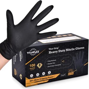 titanflex thor grip heavy duty black industrial nitrile gloves, 8-mil, xl, box of 100, latex free, raised diamond texture, powder free, food safe, rubber gloves, mechanic gloves