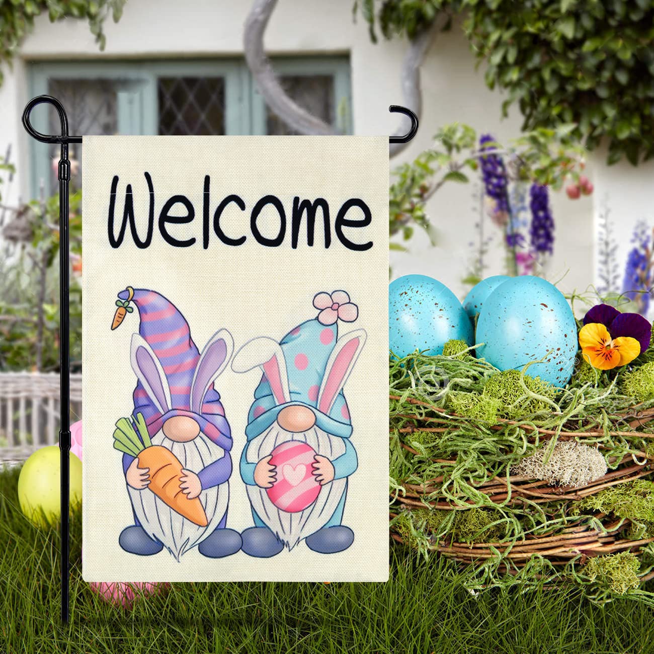 Easter Garden Flag Double Sided, Welcome Gnomes Easter Flag Yard Flag for Outdoor Decoration 12x18 Inch