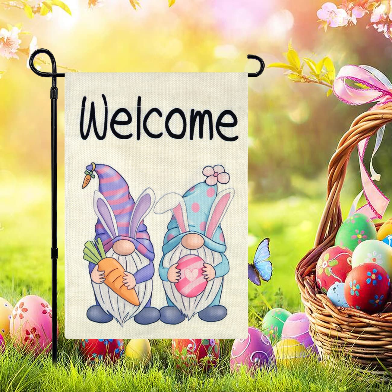 Easter Garden Flag Double Sided, Welcome Gnomes Easter Flag Yard Flag for Outdoor Decoration 12x18 Inch