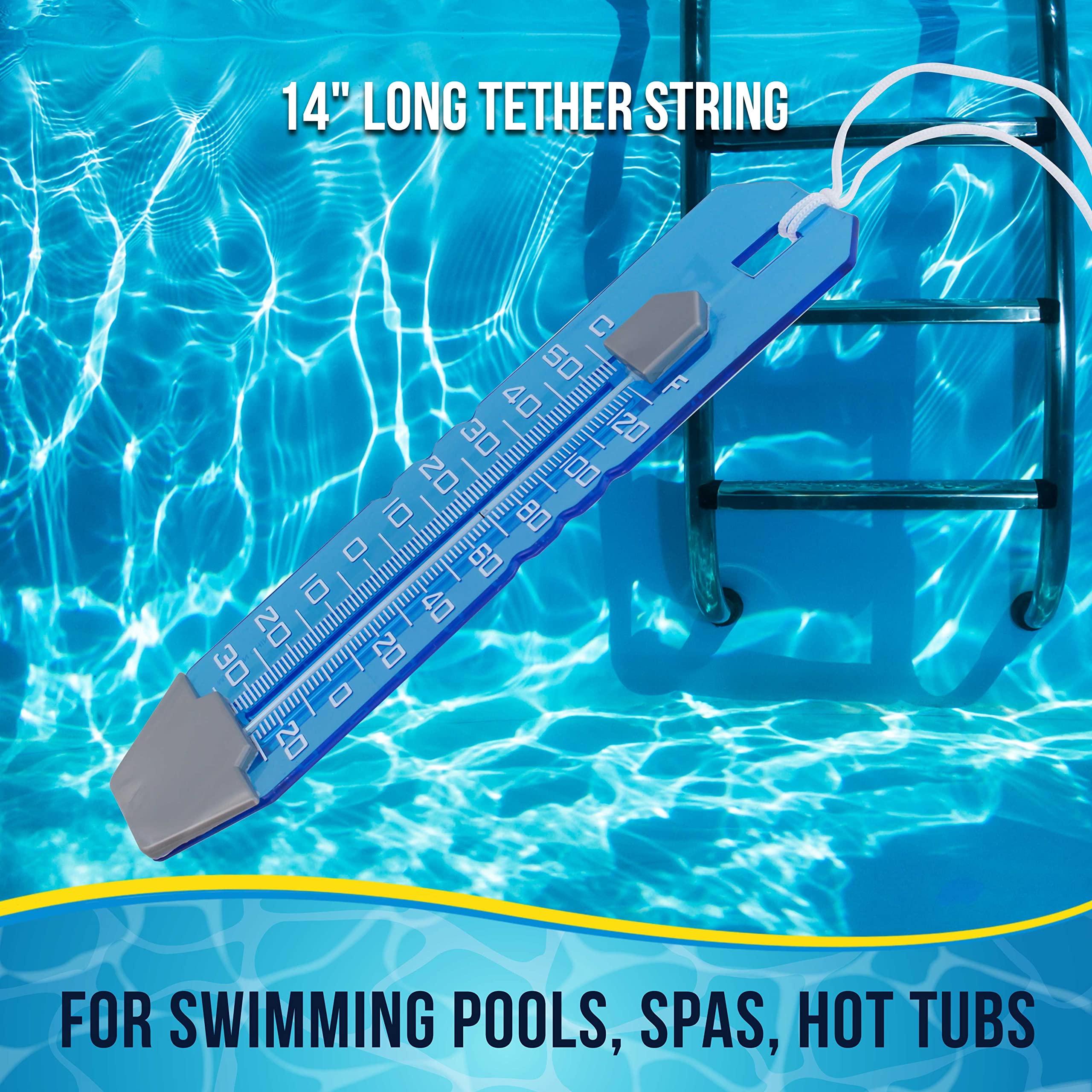 U.S. Pool Supply 10.5" Jumbo Pool Thermometer with Oversized Easy-to-Read Temperature Display, Transparent Blue, Tether String - Swimming Pools, Spas, Hot Tub - Measures Water Up to 120° F (50° C)