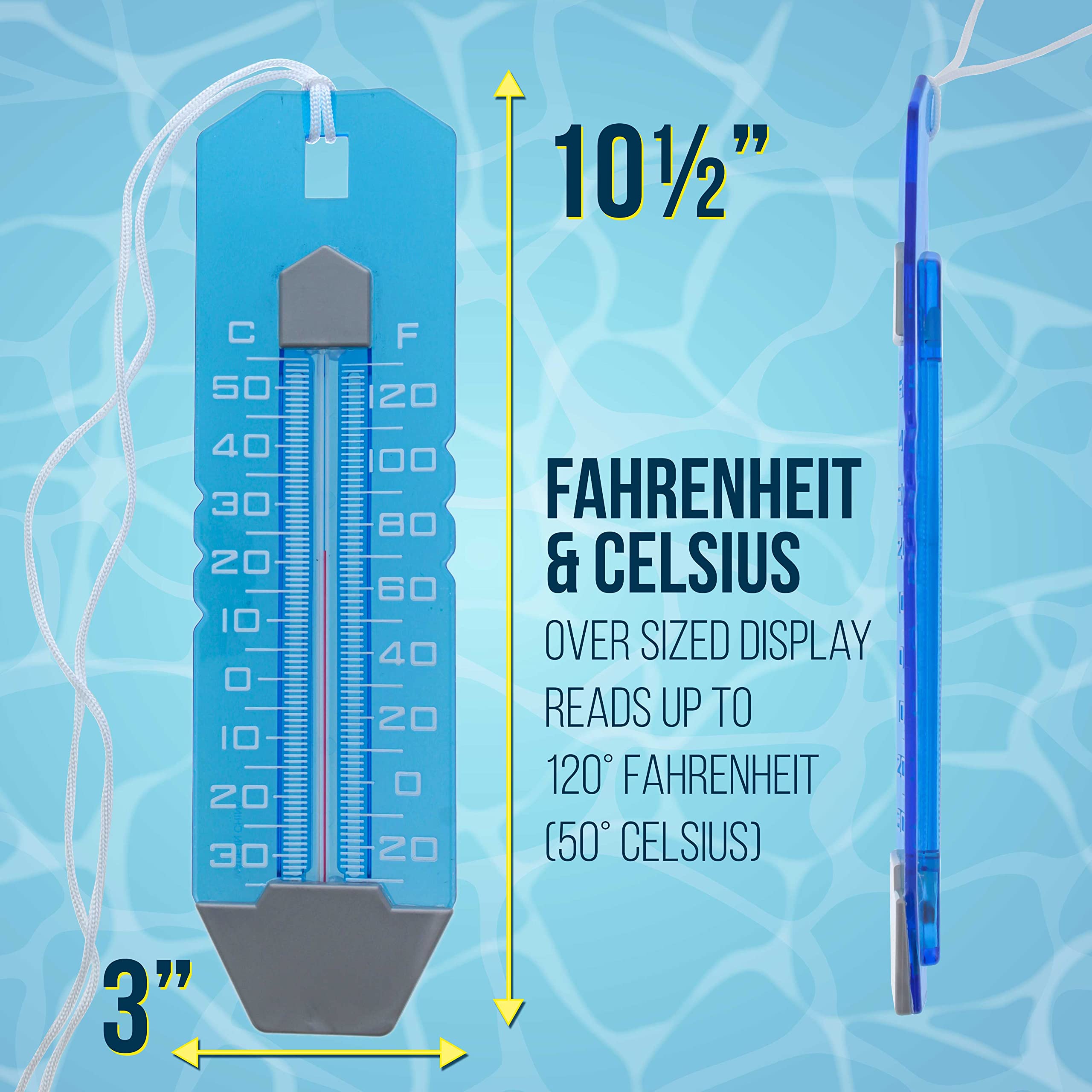 U.S. Pool Supply 10.5" Jumbo Pool Thermometer with Oversized Easy-to-Read Temperature Display, Transparent Blue, Tether String - Swimming Pools, Spas, Hot Tub - Measures Water Up to 120° F (50° C)