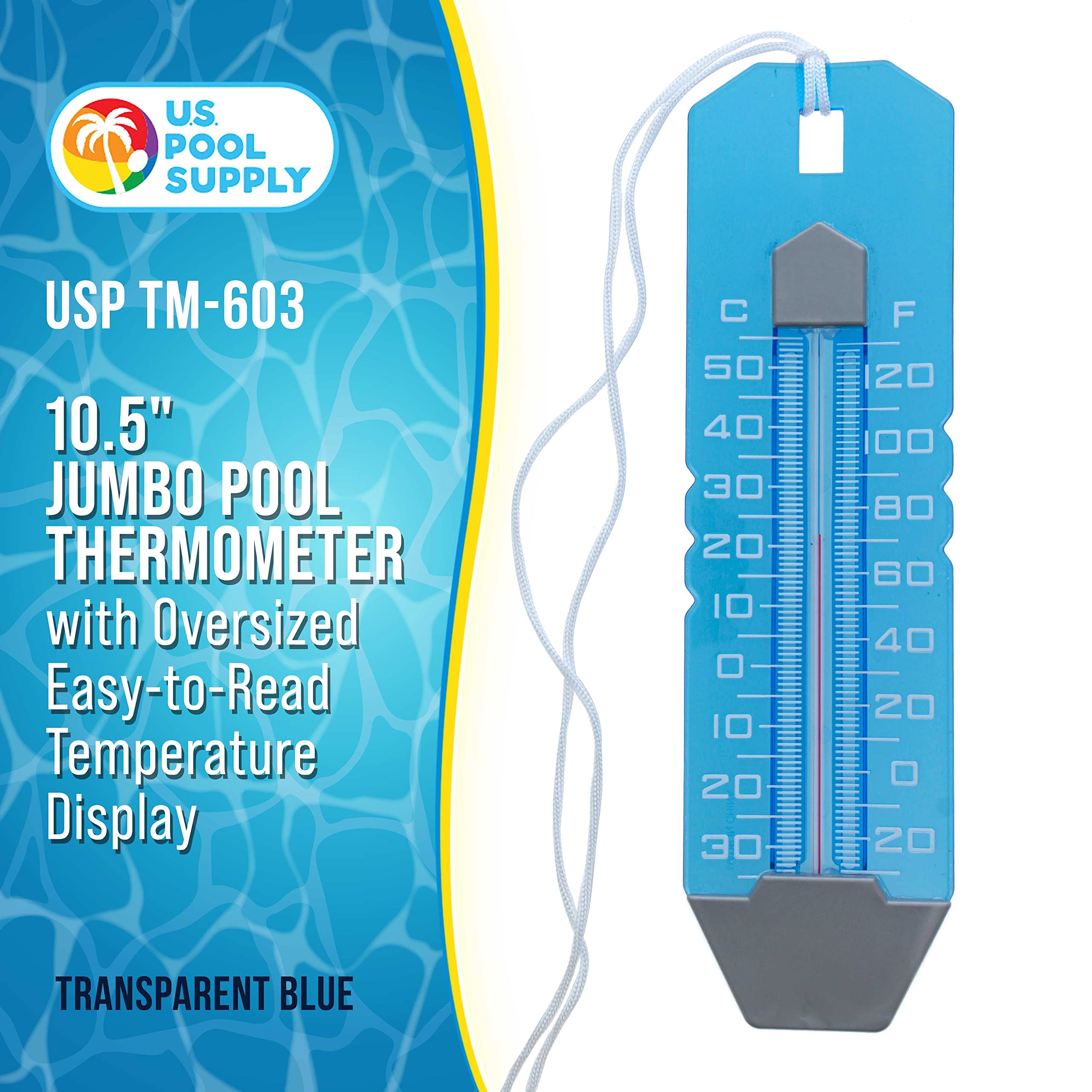 U.S. Pool Supply 10.5" Jumbo Pool Thermometer with Oversized Easy-to-Read Temperature Display, Transparent Blue, Tether String - Swimming Pools, Spas, Hot Tub - Measures Water Up to 120° F (50° C)