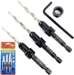 ftg usa wood countersink drill bit set 3 pc countersink drill bit #6#8#10 tapered drill bits with improved countersink connection drill bit to hex shank without pin, 1 stop collar, 1 allen wrench