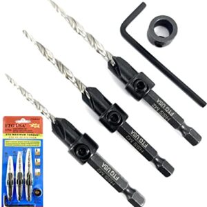 FTG USA Wood Countersink Drill Bit Set 3 Pc Countersink Drill Bit #6#8#10 Tapered Drill Bits with Improved Countersink Connection Drill Bit to Hex Shank Without Pin, 1 Stop Collar, 1 Allen Wrench