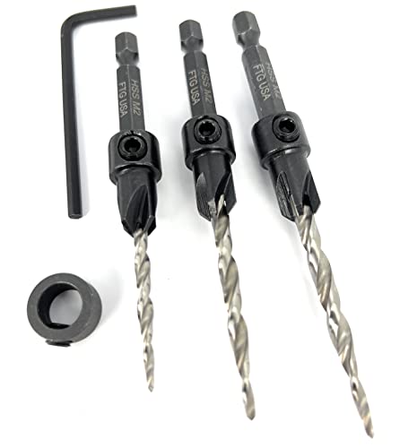 FTG USA Wood Countersink Drill Bit Set 3 Pc Countersink Drill Bit #6#8#10 Tapered Drill Bits with Improved Countersink Connection Drill Bit to Hex Shank Without Pin, 1 Stop Collar, 1 Allen Wrench